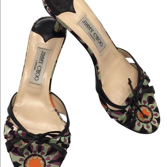 Jimmy Choo Shoes Satin Toed Retro Print Jimmy Choo Kitten Heels 1264